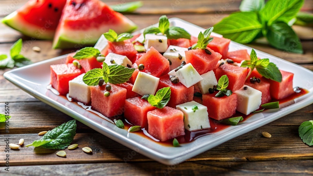 A well-composed photo of a watermelon feta salad on a white square ...