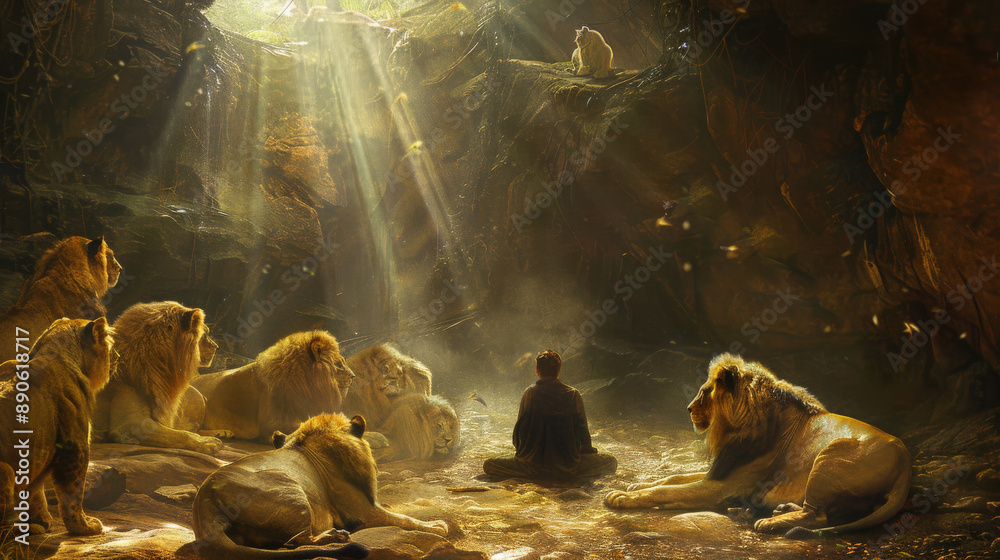 Daniel in the lions' den, with Daniel calmly praying and the lions ...