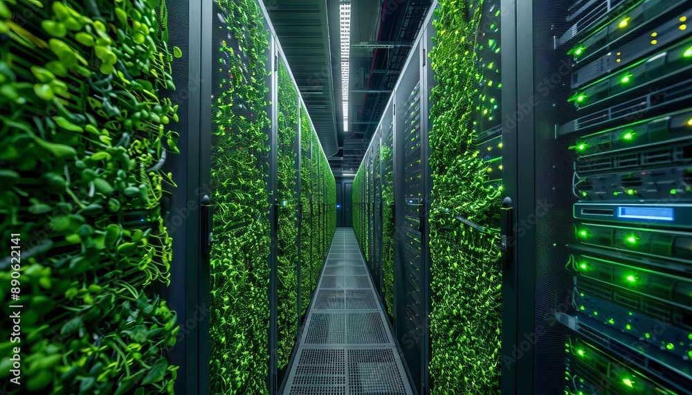 Green Data Center Sustainability, a green data center concept with an image showcasing eco ...