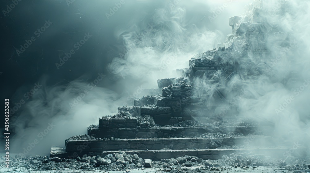 Ancient step pyramid or ziggurat shrouded in dense fog and mysterious ...