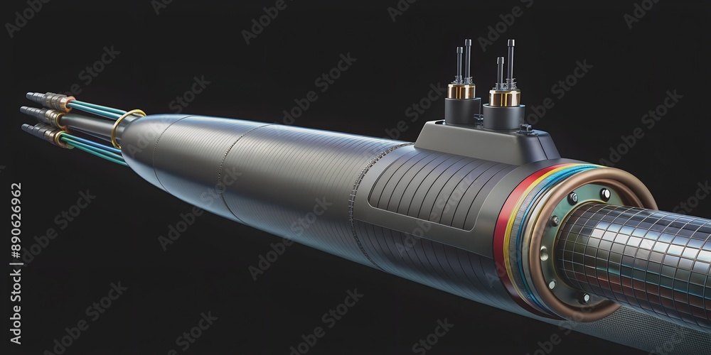 Armoured submarine fiber optic cable structure on black background AI ...