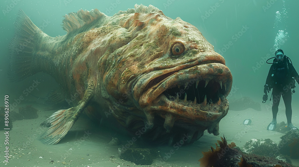 Xiphactinus swims near a diver in clear blue ocean, teeth bared ...