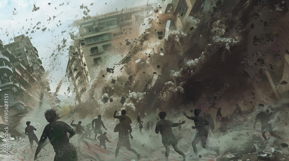 The destruction of buildings during an earthquake. Natural disaster ...