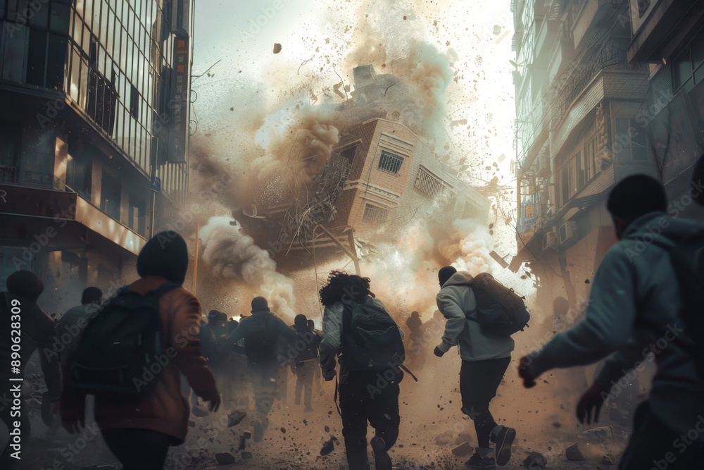 The destruction of buildings during an earthquake. Natural disaster ...