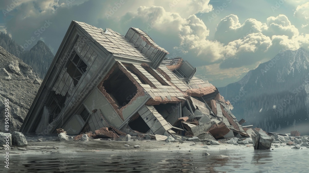 Destroyed houses. Ruins of buildings after the earthquake. Apocalypse ...