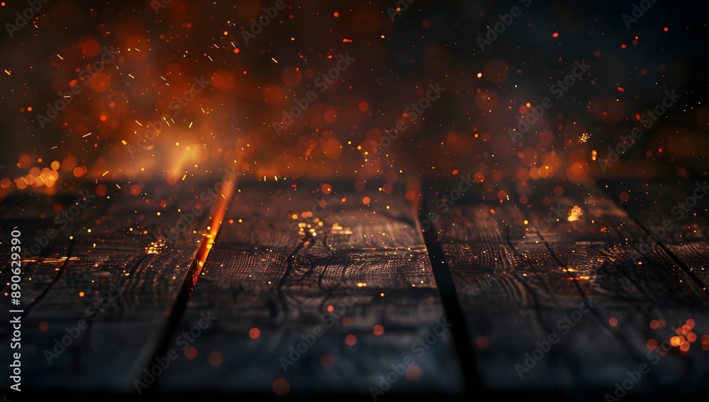 wooden table with Fire burning at the edge of the table, fire particles ...