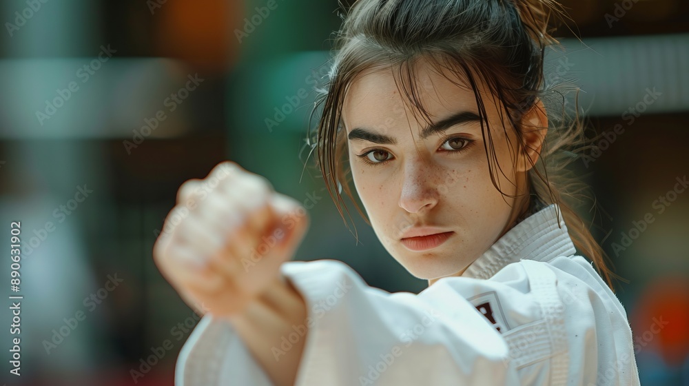 A young woman intensely practicing a martial arts punch, with focus and ...