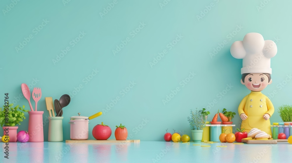 Cute clay chef with a big hat, 3D render, kitchen setting, colorful ...
