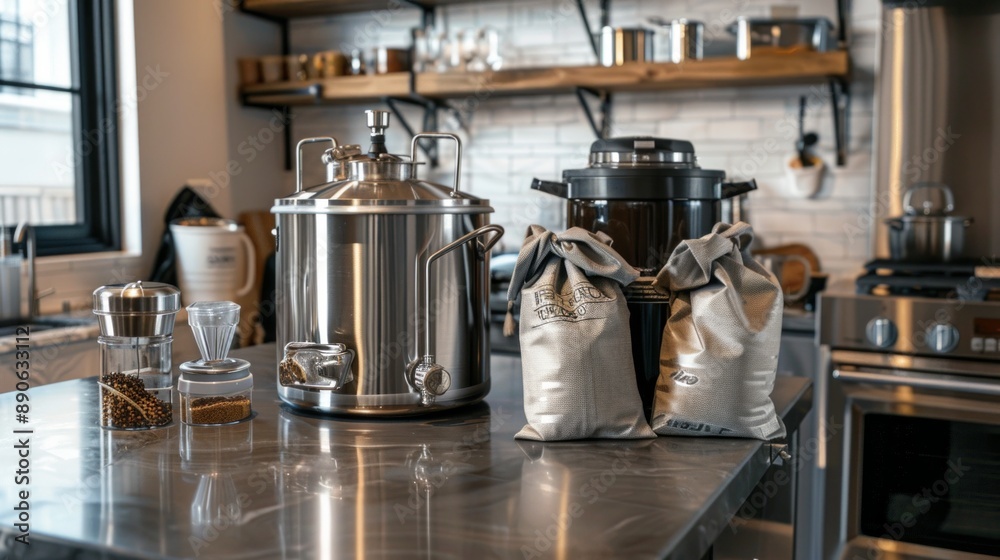 A sleek, modern home brewing setup with stainless steel equipment, bags ...