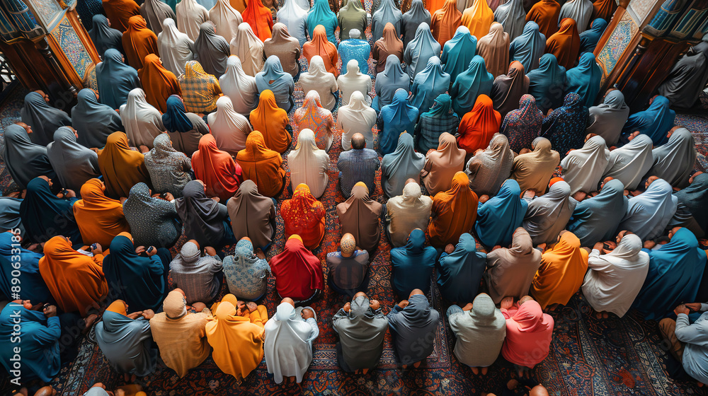 Muslims gathering for Eid al-Fitr prayer at mosques or outdoor prayer ...
