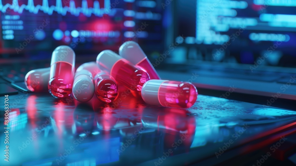 Medical pills close-up on table: Futuristic office background with ...