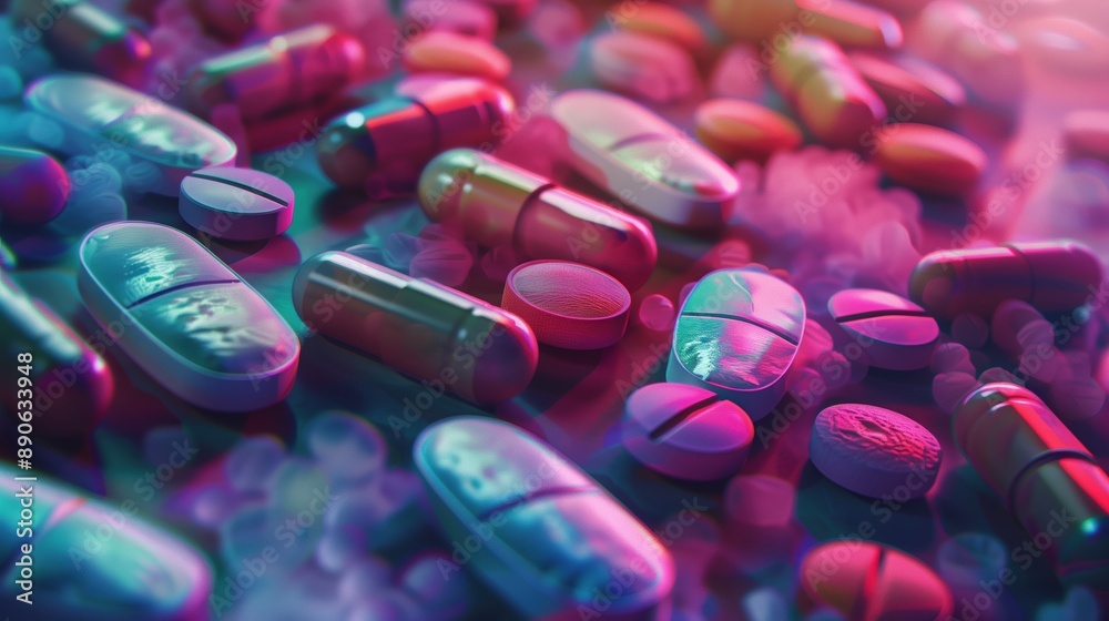 Medical pills close-up on table: Futuristic office background with ...