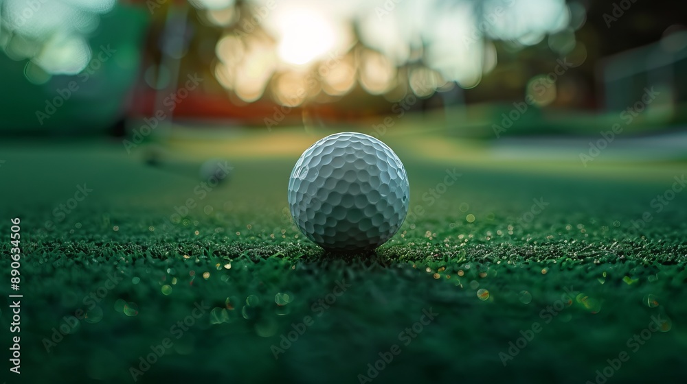 A tranquil scene capturing a single golf ball on a green field at dawn ...