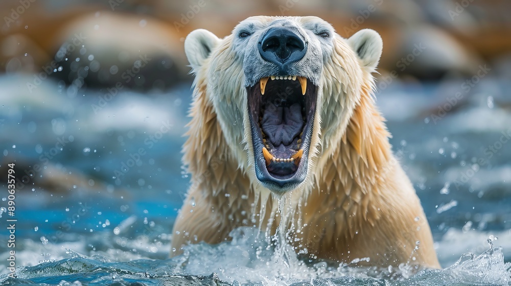 This photo captures a polar bear in an intense moment of roaring ...
