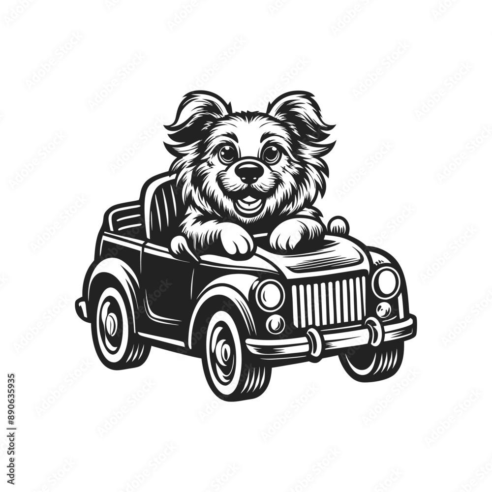 cute dog driving a vintage car engraving hand drawn illustration ...