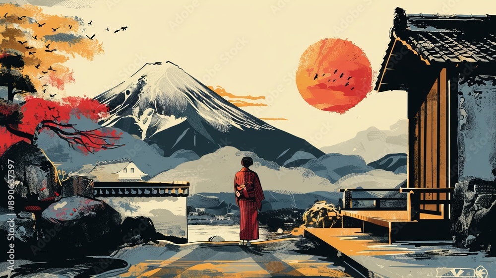 Artistic scene portraying a woman in traditional attire gazing towards ...