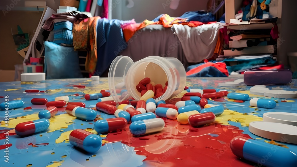 Chaos in a cluttered bedroom, depicting a spilled container of colorful ...