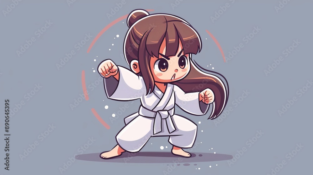 A single illustration of a young girl in a martial arts uniform ...