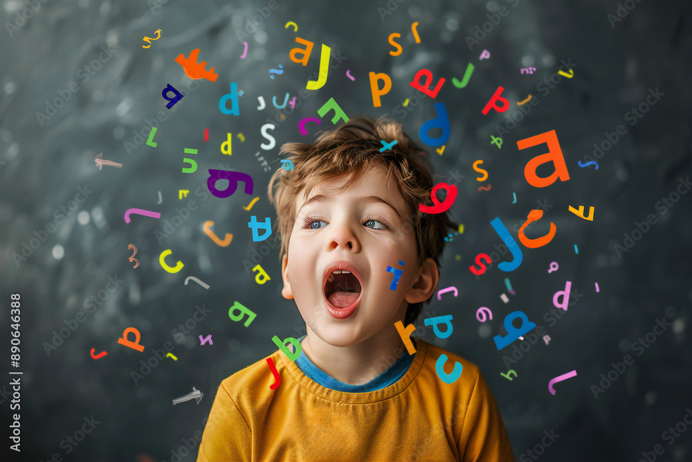 A young boy is learning to speak, or learning a foreign language ...