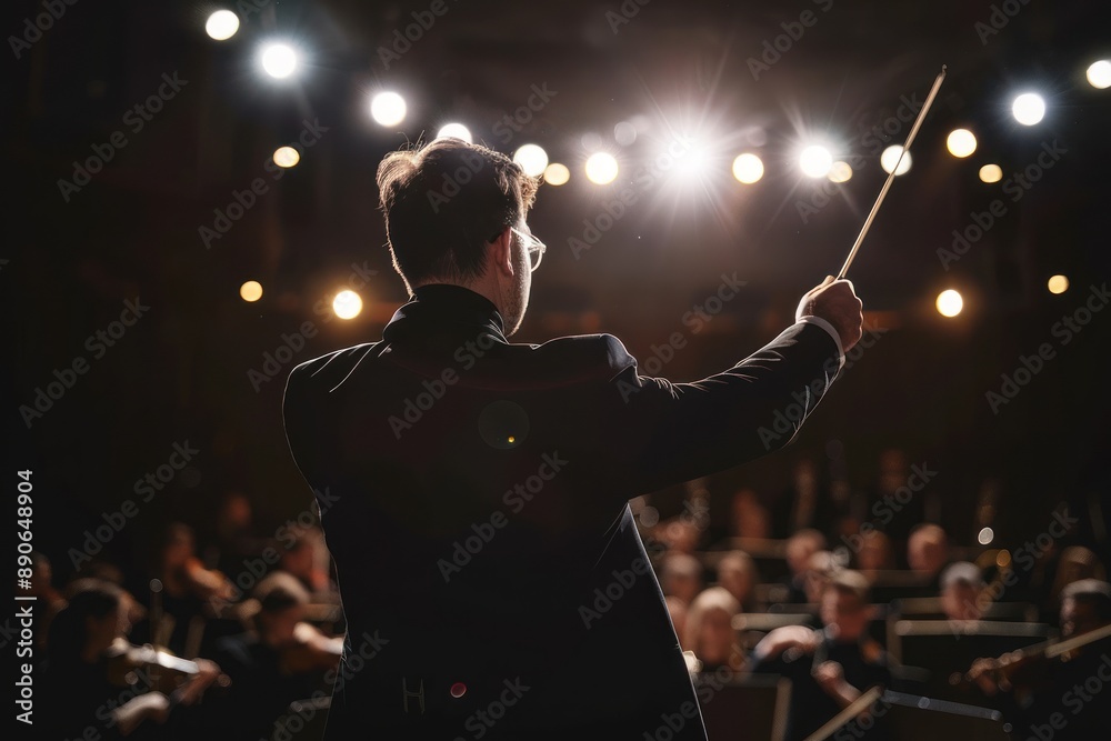 male conductor leads an orchestra, baton in hand, under dramatic stage ...