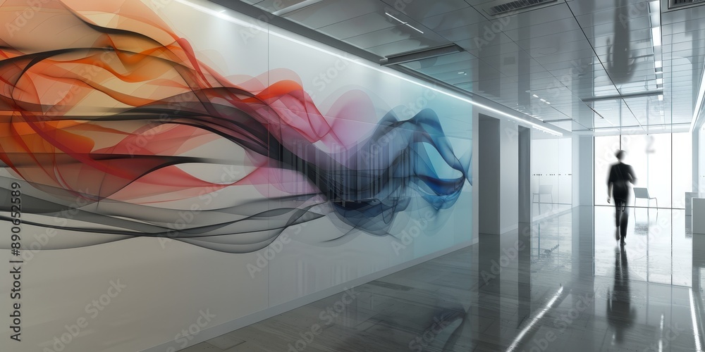 Futuristic 3D artwork on a tech company's office wall, integrating ...