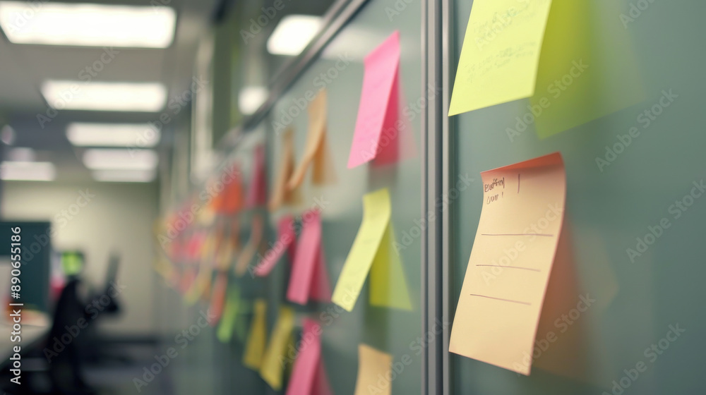 Empty notes taped to an office cubicle wall, waiting for reminders and ...
