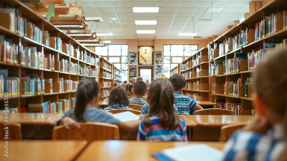 A group of children sitting in a large school library, immersed in ...