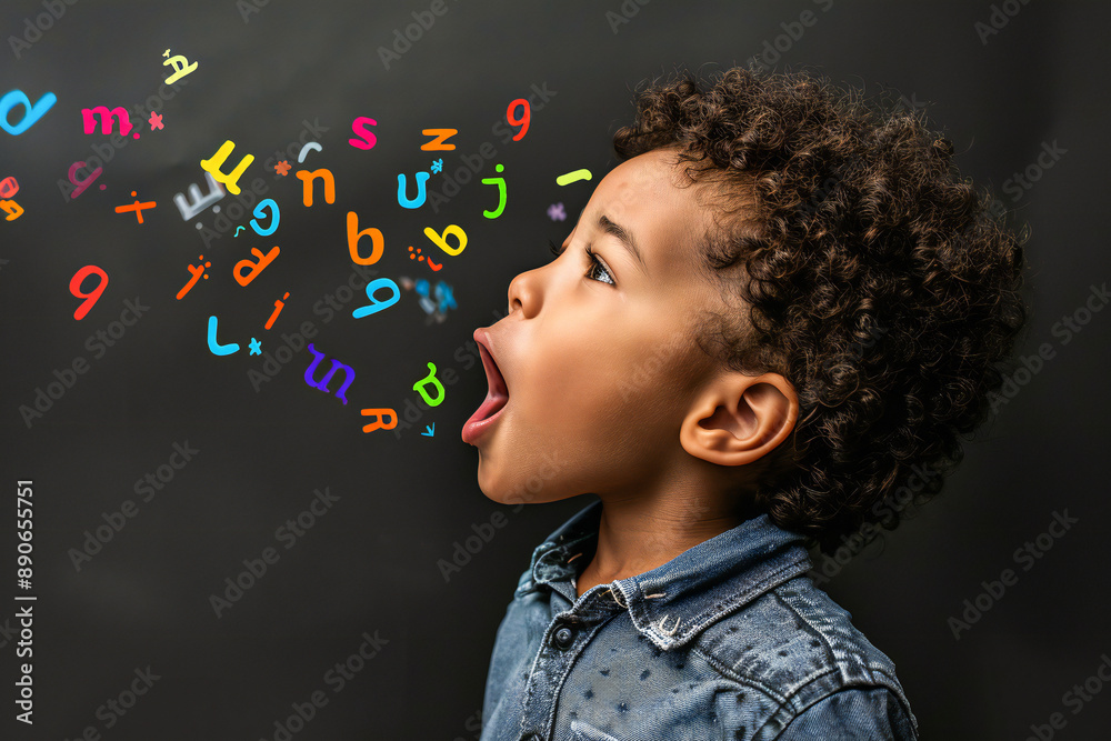 A young boy is learning to speak, or learning a foreign language ...