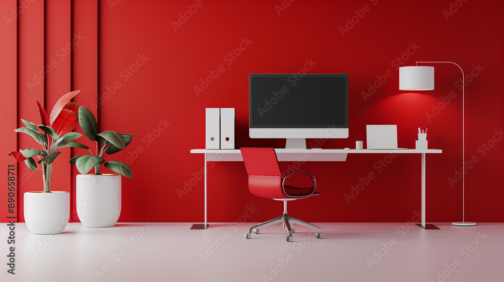 Minimalist home office with teal accents, featuring a clean and ...