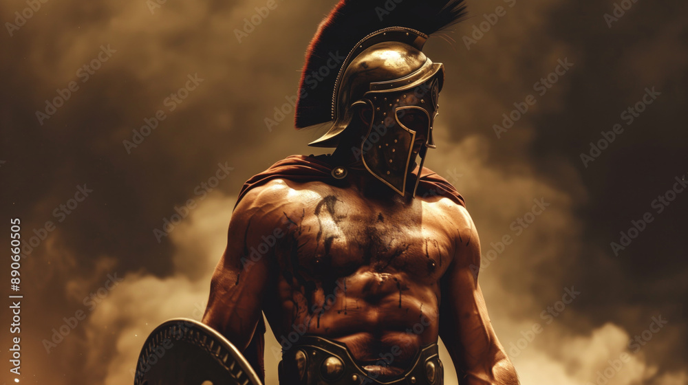 Gladiator in traditional armor standing against dramatic cloudy ...