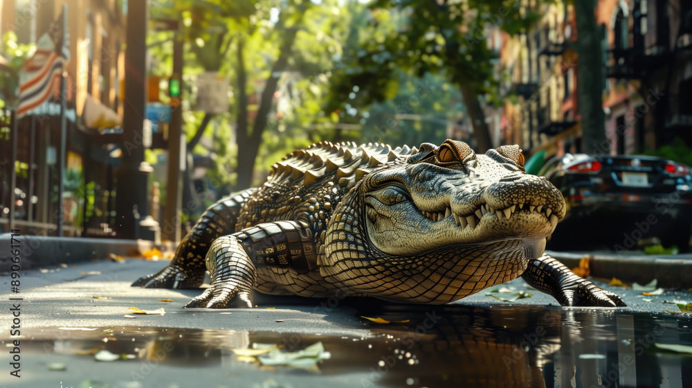 Realistic alligator on urban street surrounded by greenery and parked ...