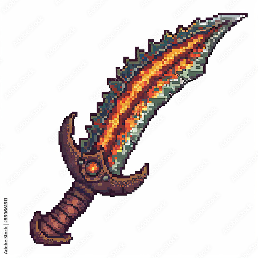 A low pixelated image of retro game design red dark dagger on a white ...