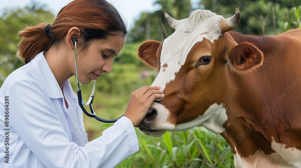 female veterinarian examining cow using auscultation method of ...