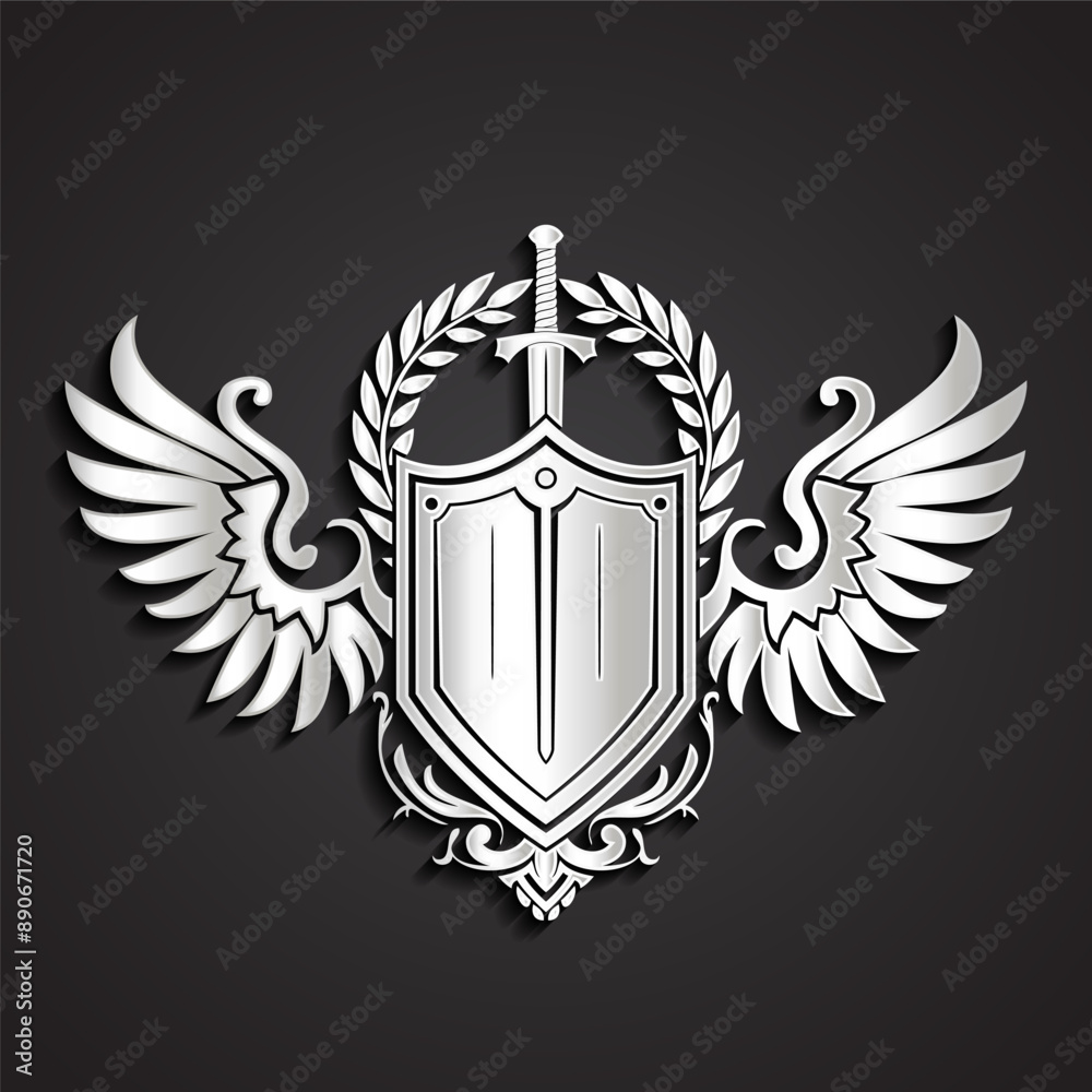 Poster 3d heraldry logo winged shield with sword and laurel wreath ...