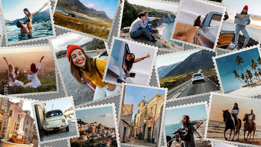 Postage Stamp Photo Collage with Vintage Theme Stock Template | Adobe Stock