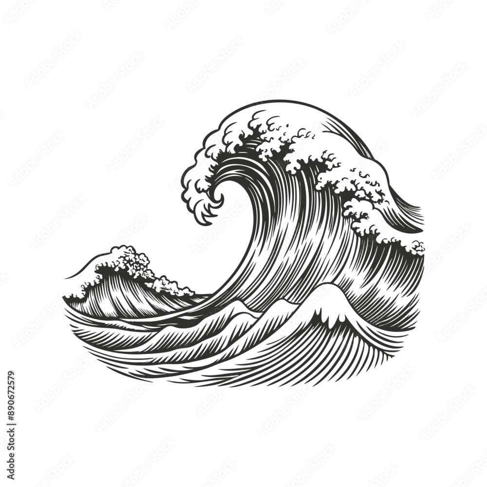 japanese wave engraving hand drawn illustration isolated white ...