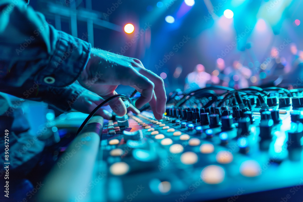 Fingers deftly manipulate a soundboard's controls under vibrant blue ...