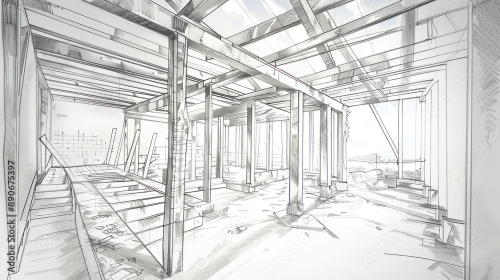 Skeleton of a new house rises, beams and pillars sketching the dream of ...