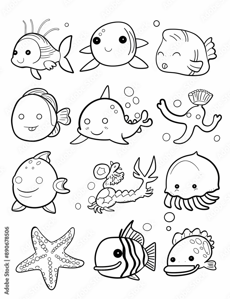 Engaging ocean-themed coloring page with illustrations of marine life ...