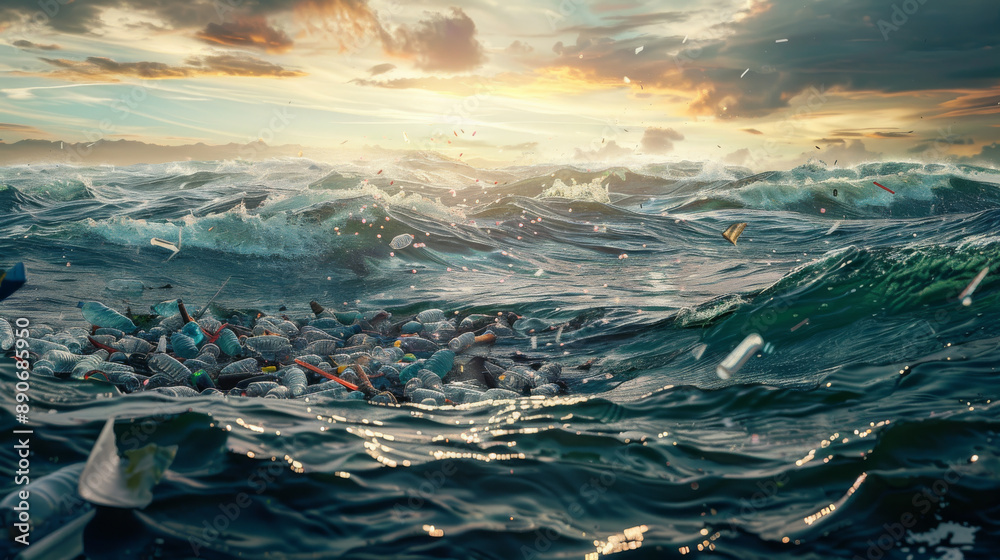 Ocean waves filled with plastic waste under a dramatic sky ...