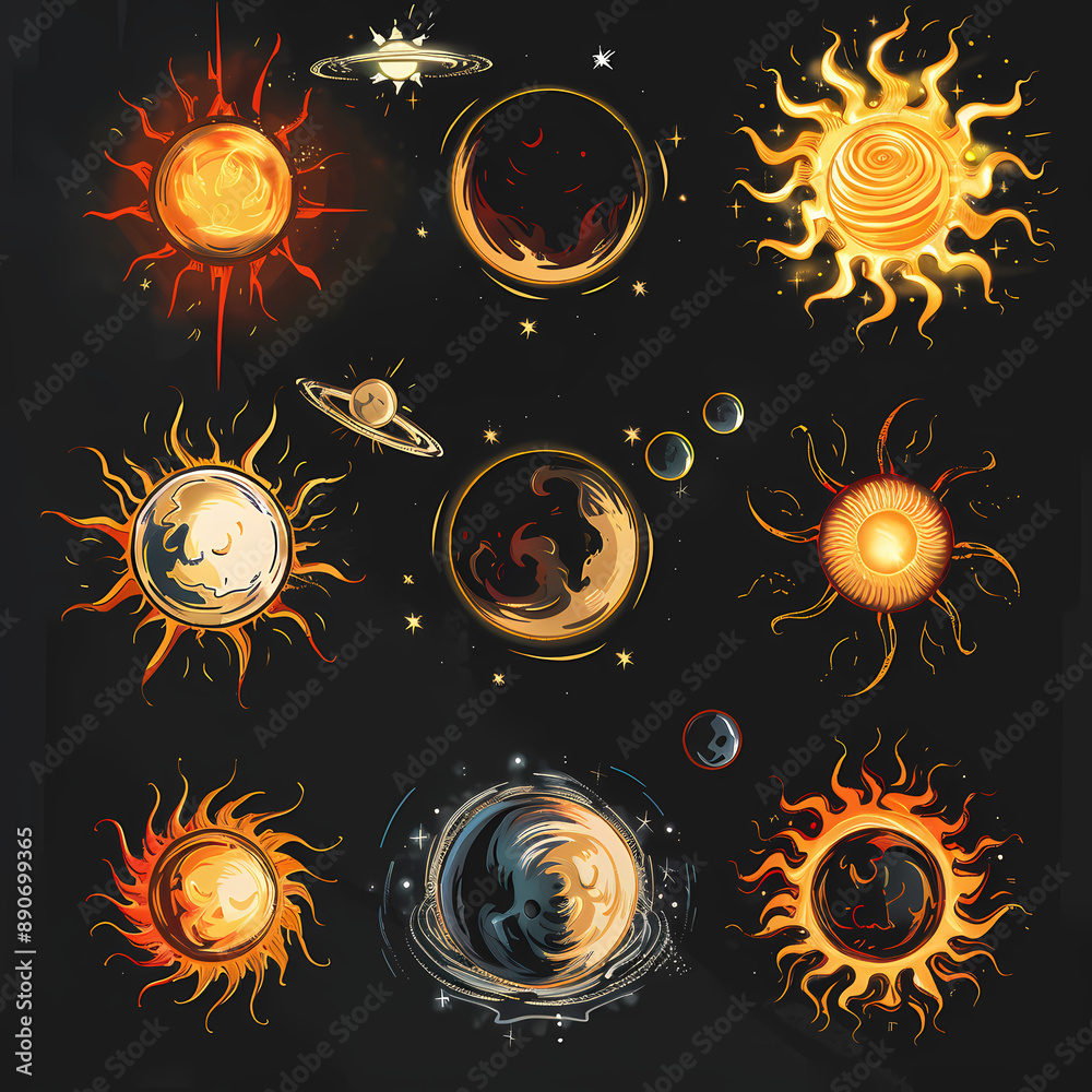 Colorful sprite sheet with various sun icons and designs, ideal for ...