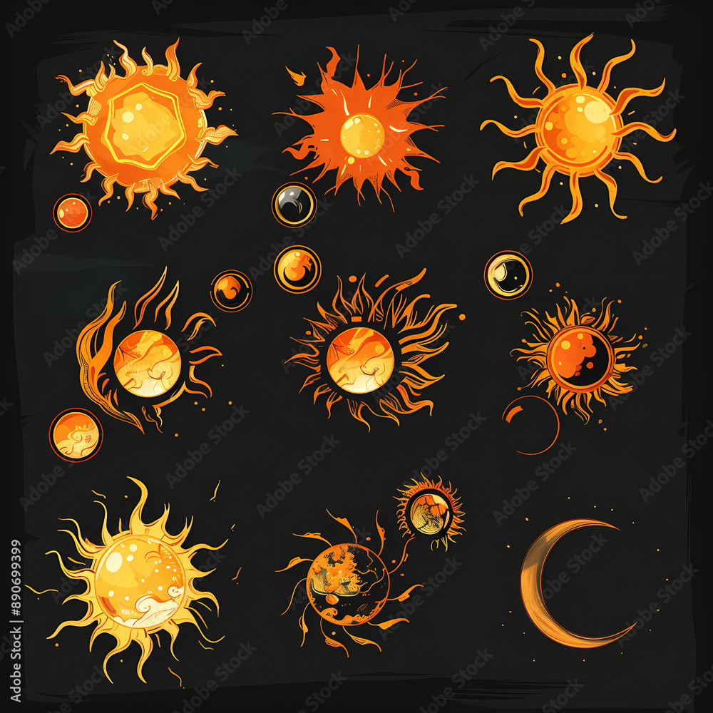 Sprite sheet featuring different sun illustrations, perfect for adding ...