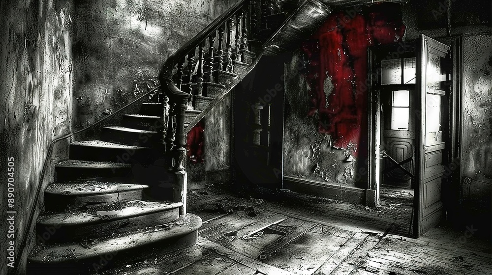 An image of a dark room with an open door and blood-stained walls ...
