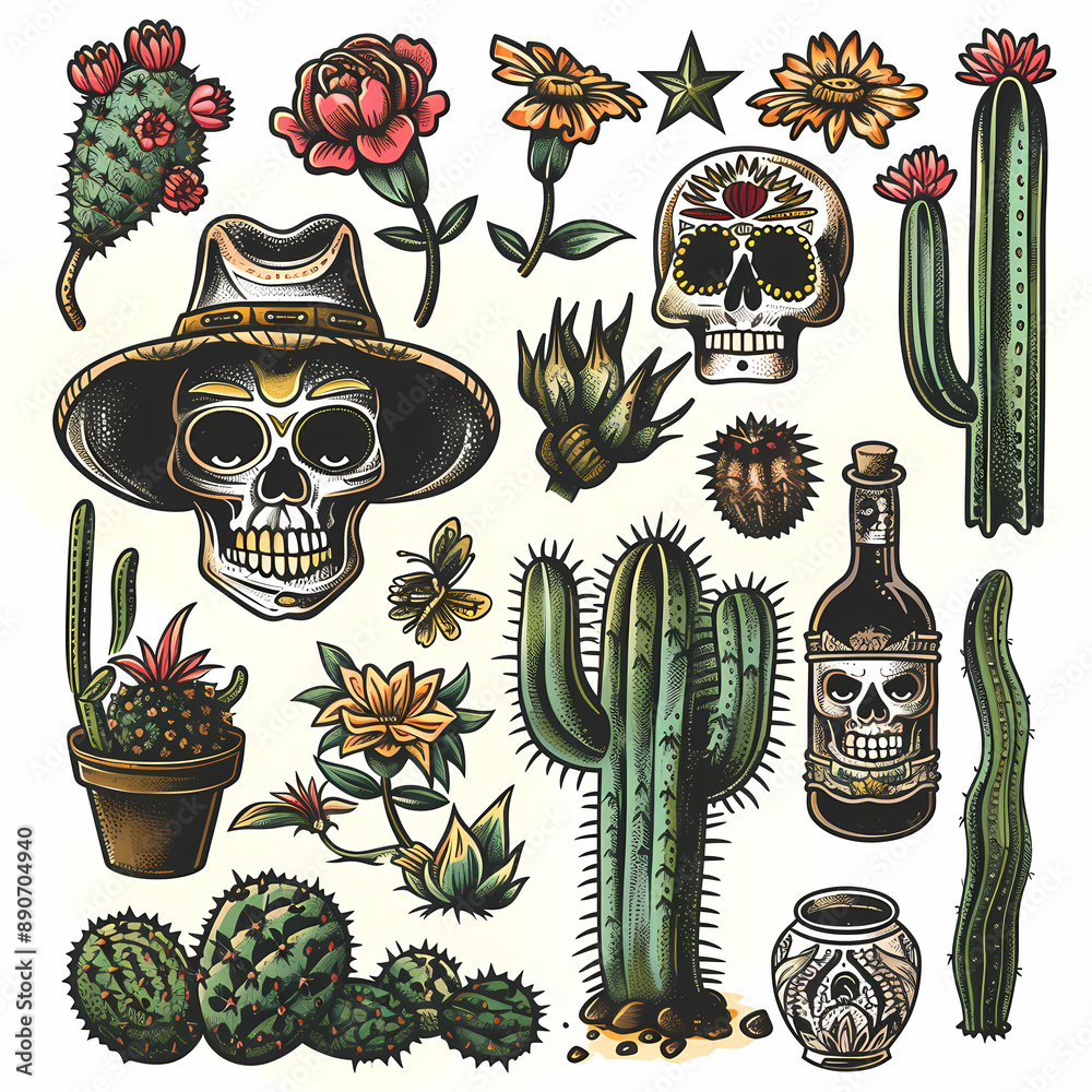 Artistic sticker sheet with vector elements of Mexican and desert cacti ...