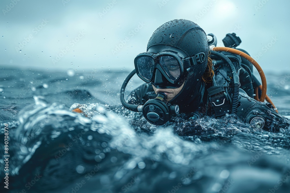 A scuba diver equipped with full gear, including an oxygen mask and ...