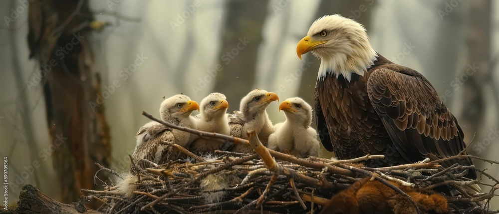 Bald eagle with eaglets in nest, forest background. The image captures ...
