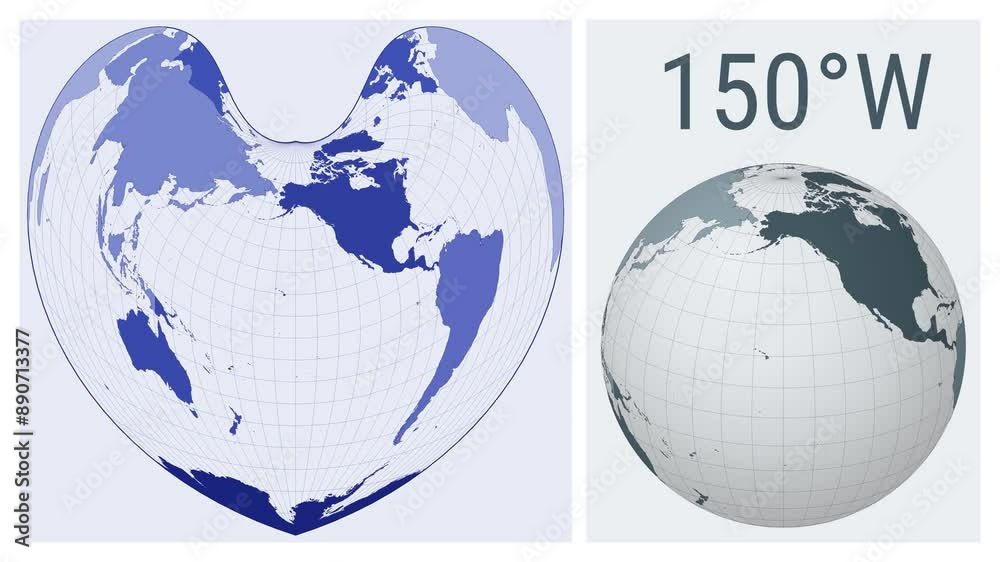 World Map Animation. Bonne pseudoconical equal-area projection. Colored ...