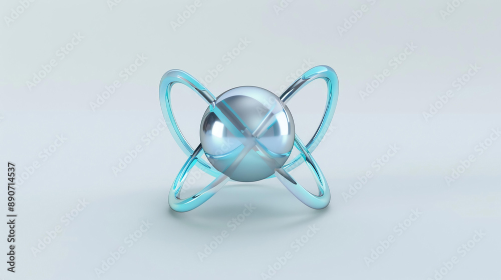 3D illustration of a blue and silver atom model on a white background. The atom has a central ...