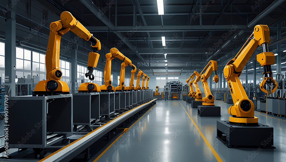 An illustration of robotics in industry with automated production lines ...