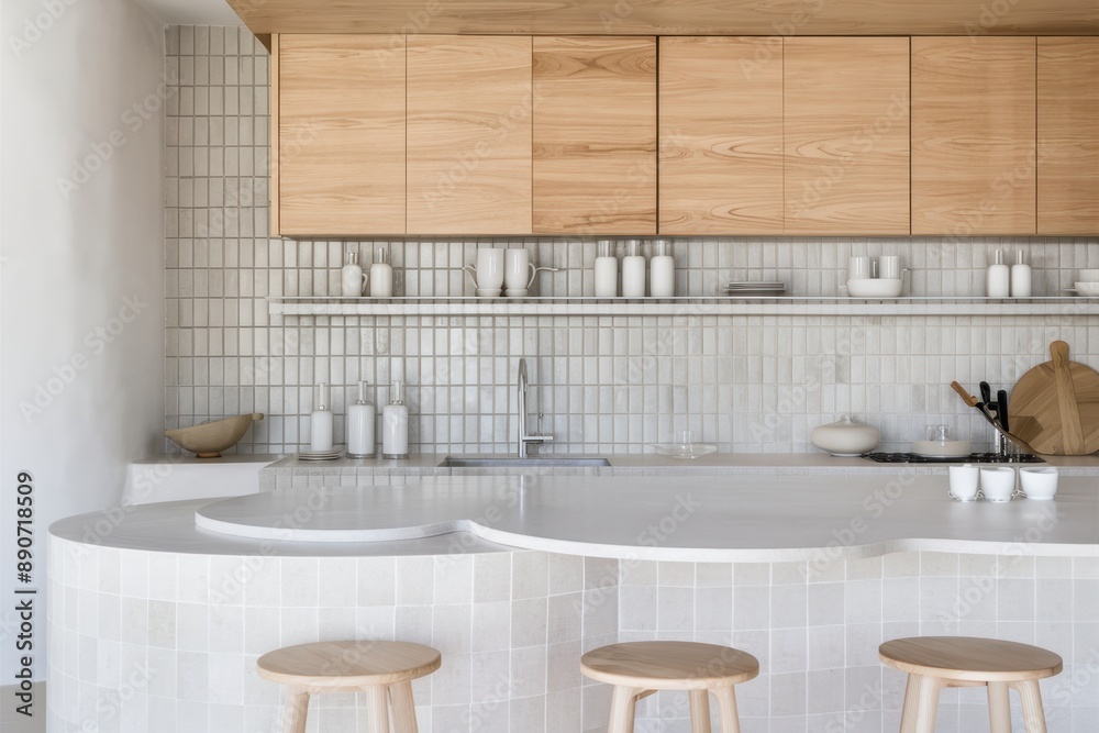 Cafe interior with bar island and kitchen cabinet, cooking and eating ...